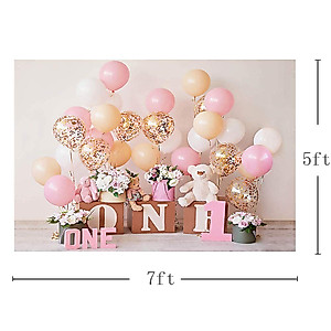 MEHOFOND 7x5ft Pink Gold Balloon First Birthday Party Backdrops for Baby Girl Sweet One Floral Photography Background Portrait Photo Studio Decoration Photo Banner Props for Cake Smash