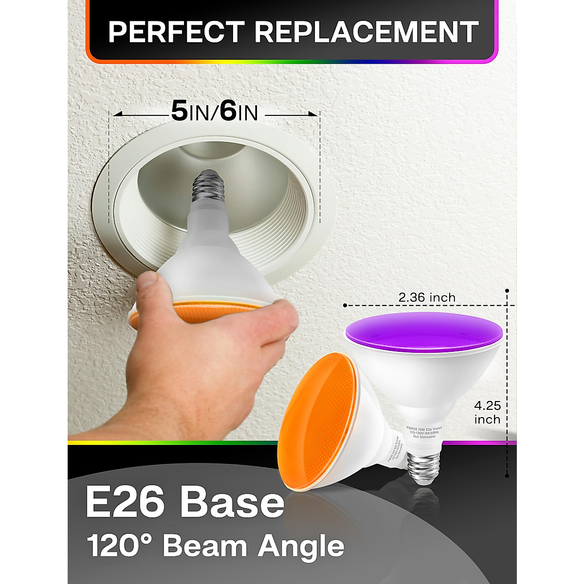 LEDERA LED Flood Orange Purple Light Bulb, 15W Equivalent 150W, Par38 Orange Purple Flood Light, E26 Base, Colored LED Light Bulbs, Not-dim Ideal for Halloween, Christmas, Party, Holiday, 2 Pack