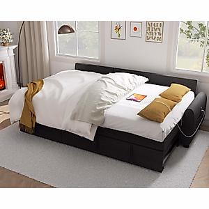 Ucloveria Sectional Sofa Couch, 87" Sleeper Sofa Bed with Reversible Storage Chaise Pull Out Couch for Living Room | Side Pocket | Charging Station | Removable Backrest | Linen Fabric, Black