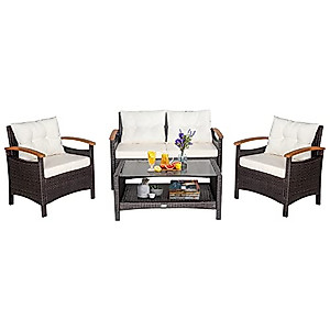 HAPPYGRILL 4 Piece Patio Conversation Set Rattan Sectional Sofa Set with Soft Cushions and Coffee Table, Outdoor Wicker Furniture Set with Acacia Wood Armrests, Perfect for Poolside, Garden, Backyard