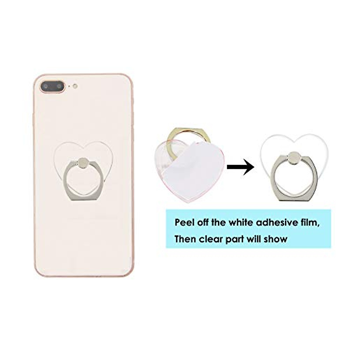 lenoup Transparent Heart Cell Phone Ring Holder Kickstand,360 Rotation Clear Heart Cell Phone Finger Ring Grip Stand for Phones,Pad