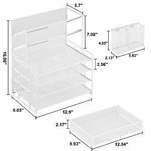 Marbrasse Desk Organizer with Drawer, 4-Tier File Organizer Paper Tray with 2 Pockets File Holder and Pen Holder, Mesh Desk Organizers and Accessories, Desktop Organizer for Home Office (White)