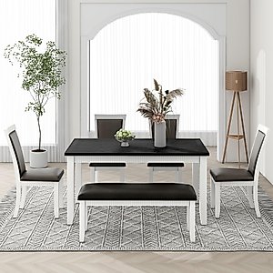 VilroCaz Farmhouse Rustic 6-Piece Dining Table Set, 60'' Rectangular Table with PU Leather Upholstered Chairs and Bench, Acacia Wood Kitchen Dining Room Set for Family (White+GY)