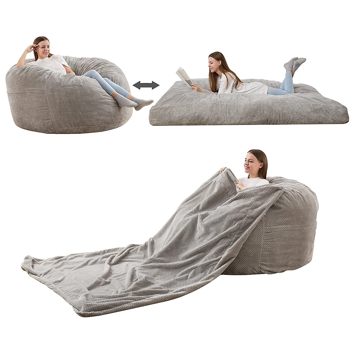 Homguava Chenille Bean Bag Chair, Variable Shape from Bean Bag to Matress, Convertible Beanbag Chair for Home, Living Room(Full, Grey)