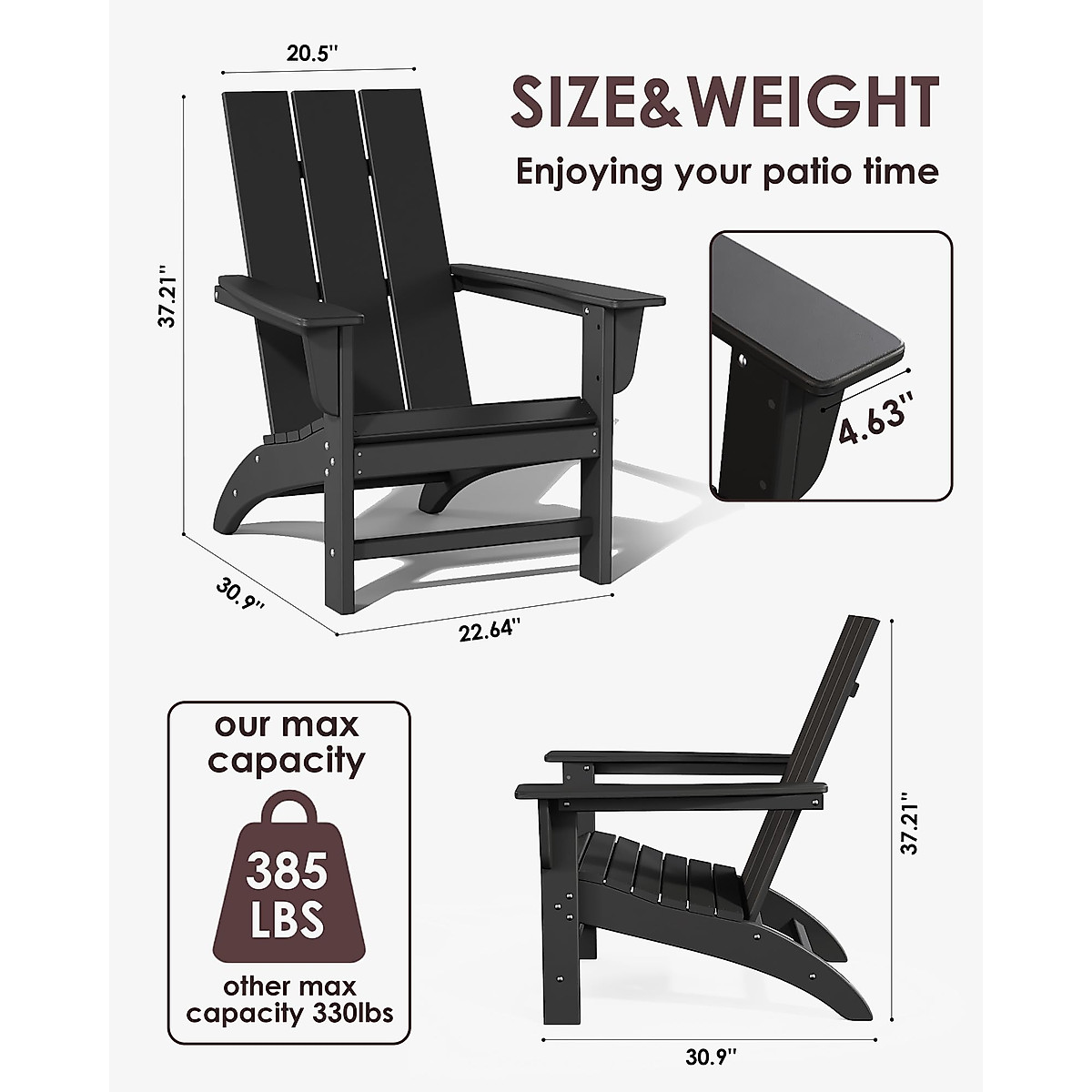 Poly Lumber Adirondack Chairs Set of 2, All-Weather Resistant Outdoor Patio Chairs, Look Like Wood, Pre-Assembled Outdoor Fire Pit Chair for Pool, Deck, Backyard, Garden, Black