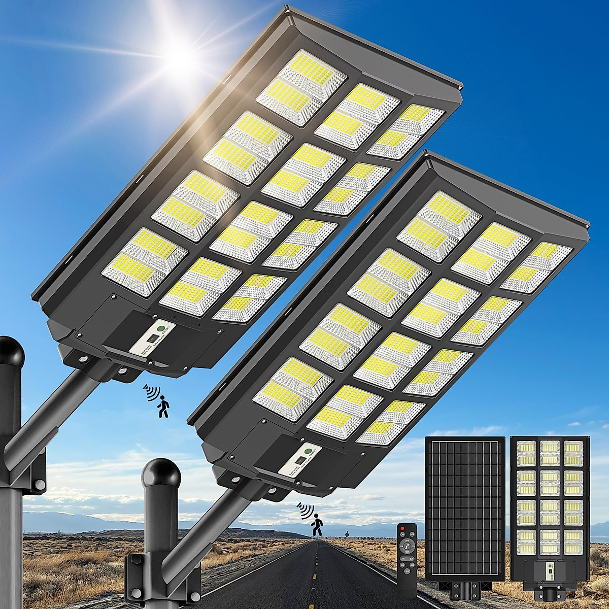 Sunwish 4200W Solar Parking Lot Lights and 2000W Wide Angle Solar Street Lights Outdoor Commercial Dusk to Dawn