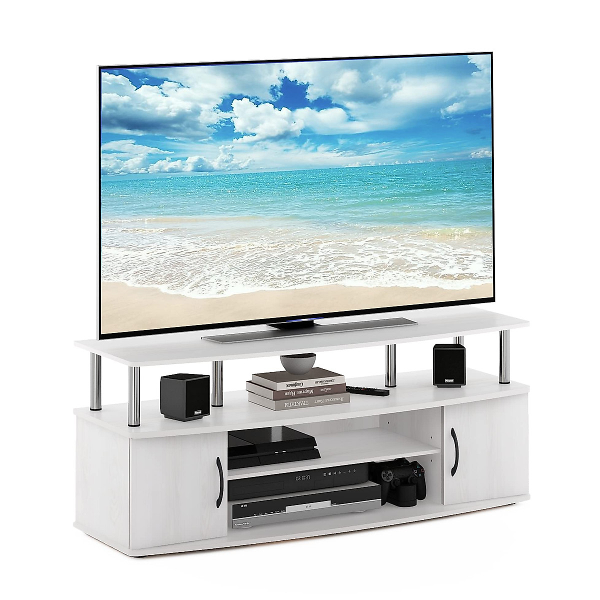 Furinno JAYA Large Entertainment Stand for TV Up to 55 Inch, White Oak/Chrome