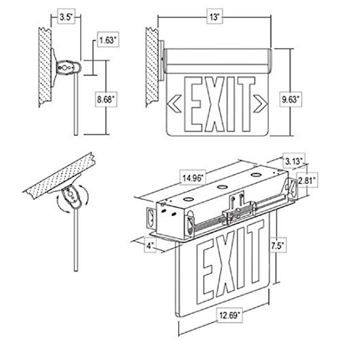 Exitronix S902-WB-SR-RC-AG - LED Exit Sign - Universal Edge-Lit - Red Letters - 120/277 Volt and Battery Backup