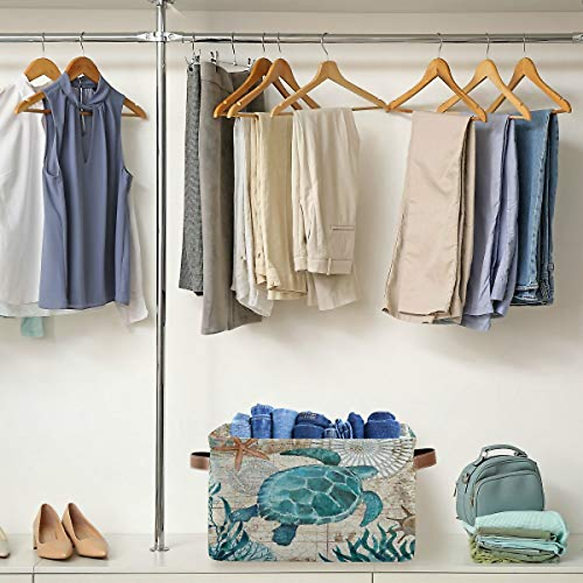 AUUXVA Sea Ocean Turtle Retro Map Storage Basket Bin Seaweed Large Fabric Toys Storage Cube Box with Handles Collapsible Closet Shelf Cloth Organizer Basket Set of 2 for Nursery Bedroom