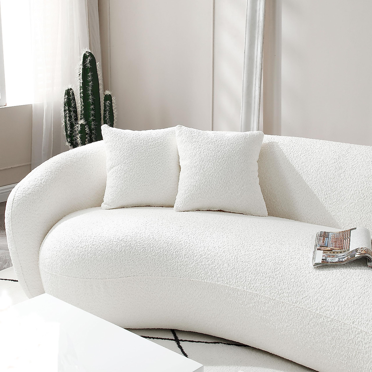 BAMOOLI 101'' Curved Sofa Couch, Mid Century Modern Half Moon Living Room Sofa, Luxury 5-Seat Sofa Couch with 4 Throw Pillows, Teddy Fleece Leisure Couch for Apartment, Office, Bedroom, Beige