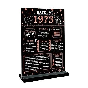 Holkcog 50th Birthday Decorations Women Men, Rose Gold Back in 1973 Poster Acrylic Sign with Stand Centerpieces, 50th Anniversary Decor Gift for Women 50th Old Birthday Party Supplies Table Decor