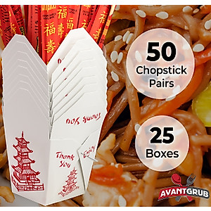 Avant Grub Food Storage Container, Greaseproof Chinese Take Out Box With Chopsticks. 25pk Large Food Containers With 50pk Sleeved and Separated Bamboo Chop Sticks, 32 Oz
