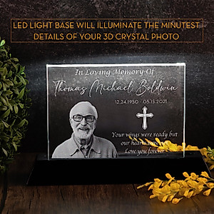 Sympathy Gifts, 3D Photo Crystal, Personalized with Any Photo, Icon, Name, Date - Gifts for Loss Loved Ones (Horizontal)
