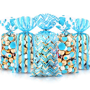 105 PCS Baby Shower Cellophane Treat Bags, Gender Reveal Candy Bag Polka Dot Stripes Printed Plastic Goodie Favor Bags with 100 Silver Twist Ties for Christmas Birthday Party Decor(Blue)