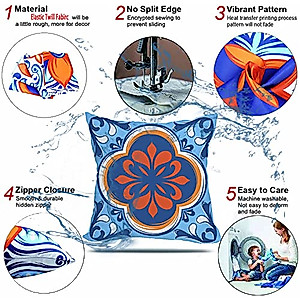 Tlovudori Outdoor Waterproof Throw Pillow Covers Set of 4 Ethnic Floral Printed and Boho Geometry Farmhouse Outdoor Pillow Covers for Patio Furniture Garden 18x18 Inch Blue Orange (18X18Inch, EF-Boho)