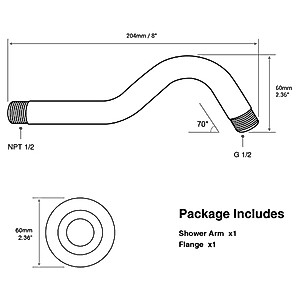 8-inch S-Shape Curved Shower Arm with Flange, Stainless Steel Top Shower Head Extension Replacement, Wall Mounted,Matte Black