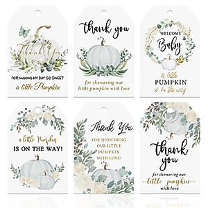 Quera 90Pcs Fall Tags 6 Design Green Little Pumpkin Gift Tags with 66Ft String Thank You for Celebrating with Us Paper Tags for Wedding Birthday Baby Shower Party Favors 2 "x3"​