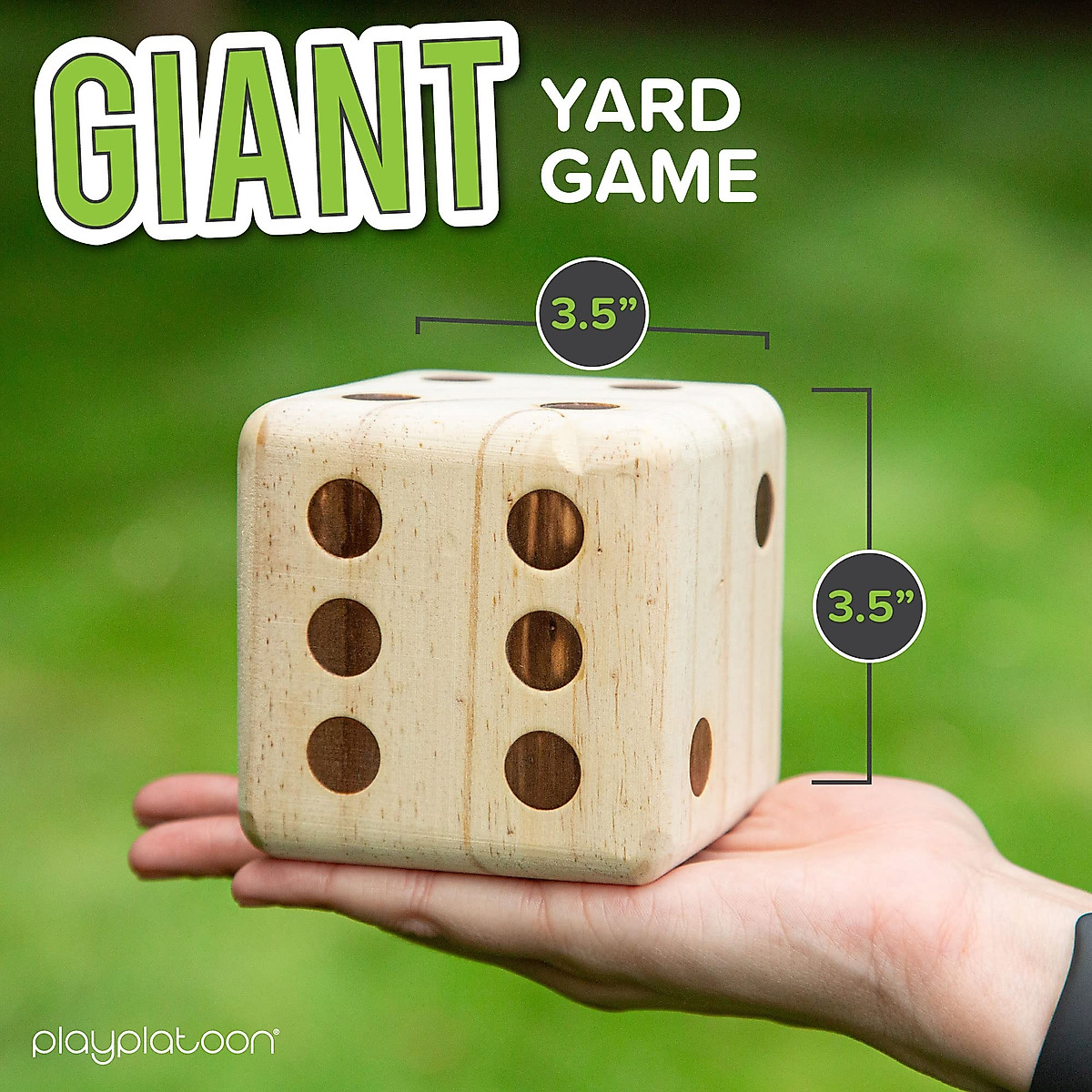 Play Platoon Giant Wooden Dice, Yardzee Outdoor Game with Bucket, 3.5" Giant Wooden Games for Families, 6 Large Dice, Collapsible Bucket, Score Cards, Dry Erase Marker