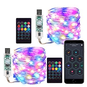 Smart Fairy String Lights 2 Pack WS2812B 33FT USB Bluetooth Twinkle with Timer and Remote, Music Sync Funny Modes Color Chasing Lights for Bedroom Curtain Christmas Wedding Party Decor IP65