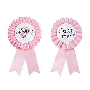 Daddy to be & Mom to be Tinplate Badge Pin - Baby Shower Button New Dad Gifts Gender Reveals Party Baby Girl Pink Rosette Button Baby Celebration (Light Pink)
