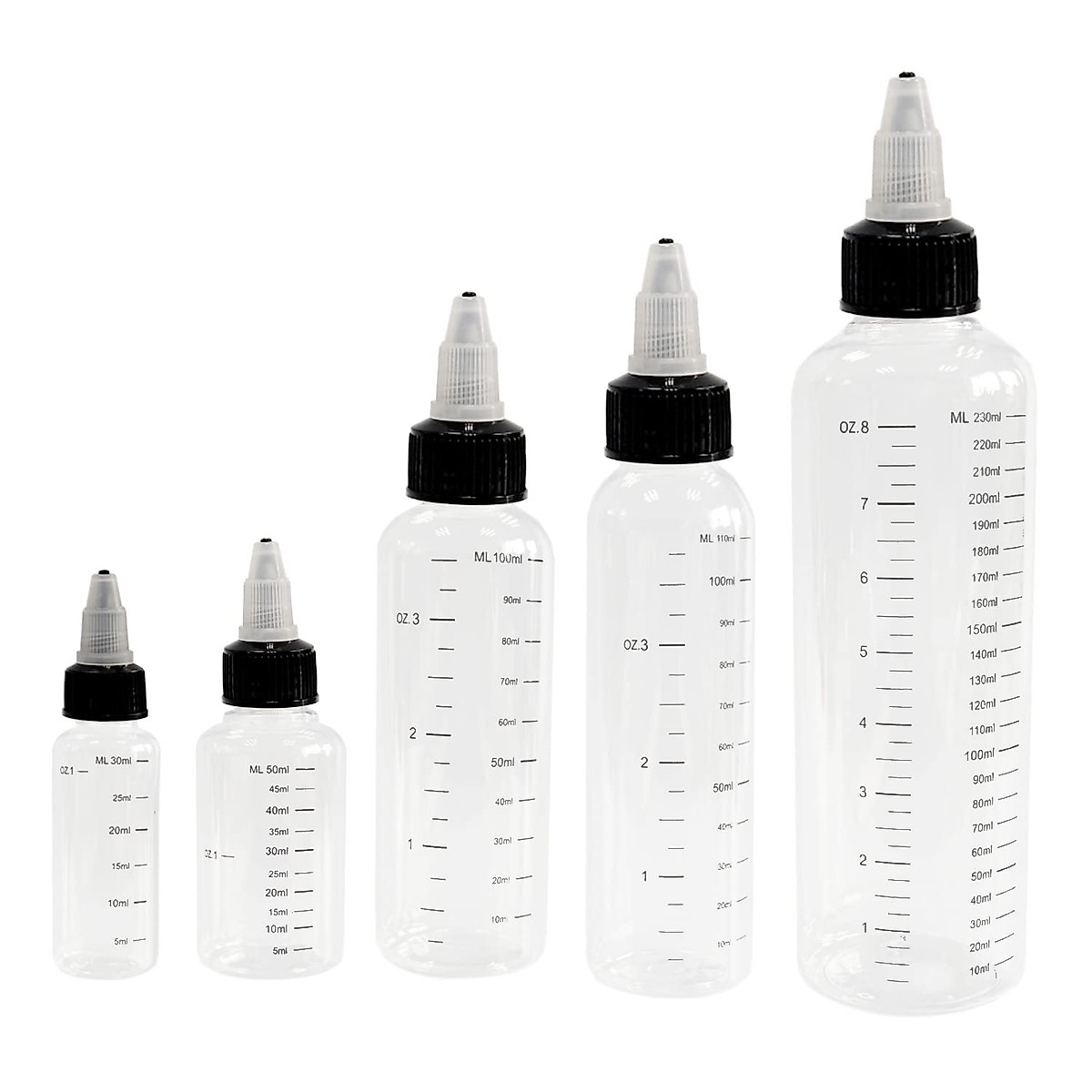 NANSHINE Graduated Bottles 10PCS 250ml(8.45oz) PET Plastic Pointed Bottles with Twist Top Cap Plastic Graduated PET Dropper Water Liquid Bottles