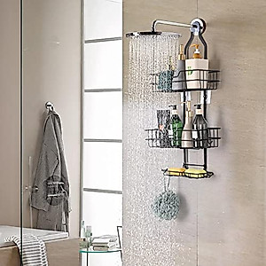 Tuenort Hanging Shower Organizer for Bathroom, Over Head Shower Caddy Basket with Hooks, 3 Layers Bathroom Storage Rack Shelf Over Shower Head, Soap Holderr, Rustproof & Durable - Black