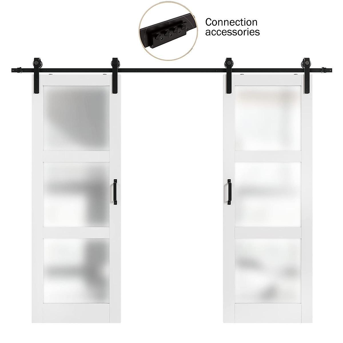 ARKHJEM Double Sliding Barn Door,60in(Double 30”×84in Frosted 3 Panel Glass Barn Door,Water-Proof PVC Surface,Hardware Kit Included, Assembly Needed,White