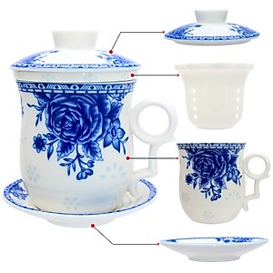 Ameolela Porcelain Tea Cup with Infuser Lid and Saucer Sets - Chinese Jingdezhen Ceramics Coffee Mug Teacup Loose Leaf Tea Brewing System for Home Office