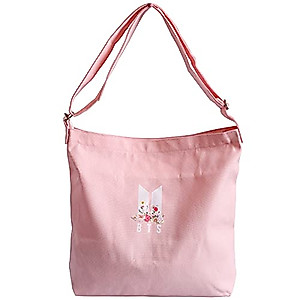 Kpop BTS Merchandise Canvas Shoulder Bag, Hobo Crossbody Handbag Casual Tote for Army Gifts Pink