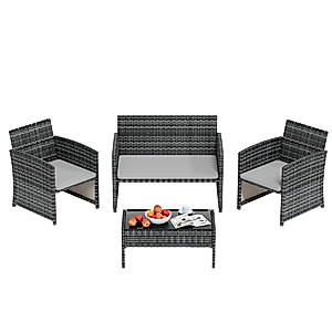LHBcraft 4-Piece Patio Furniture Set Outdoor Wicker Rattan Chairs and Loveseat with Cushions and Glass Table for Garden, Backyard, Balcony, Porch, or Poolside - Grey and Grey