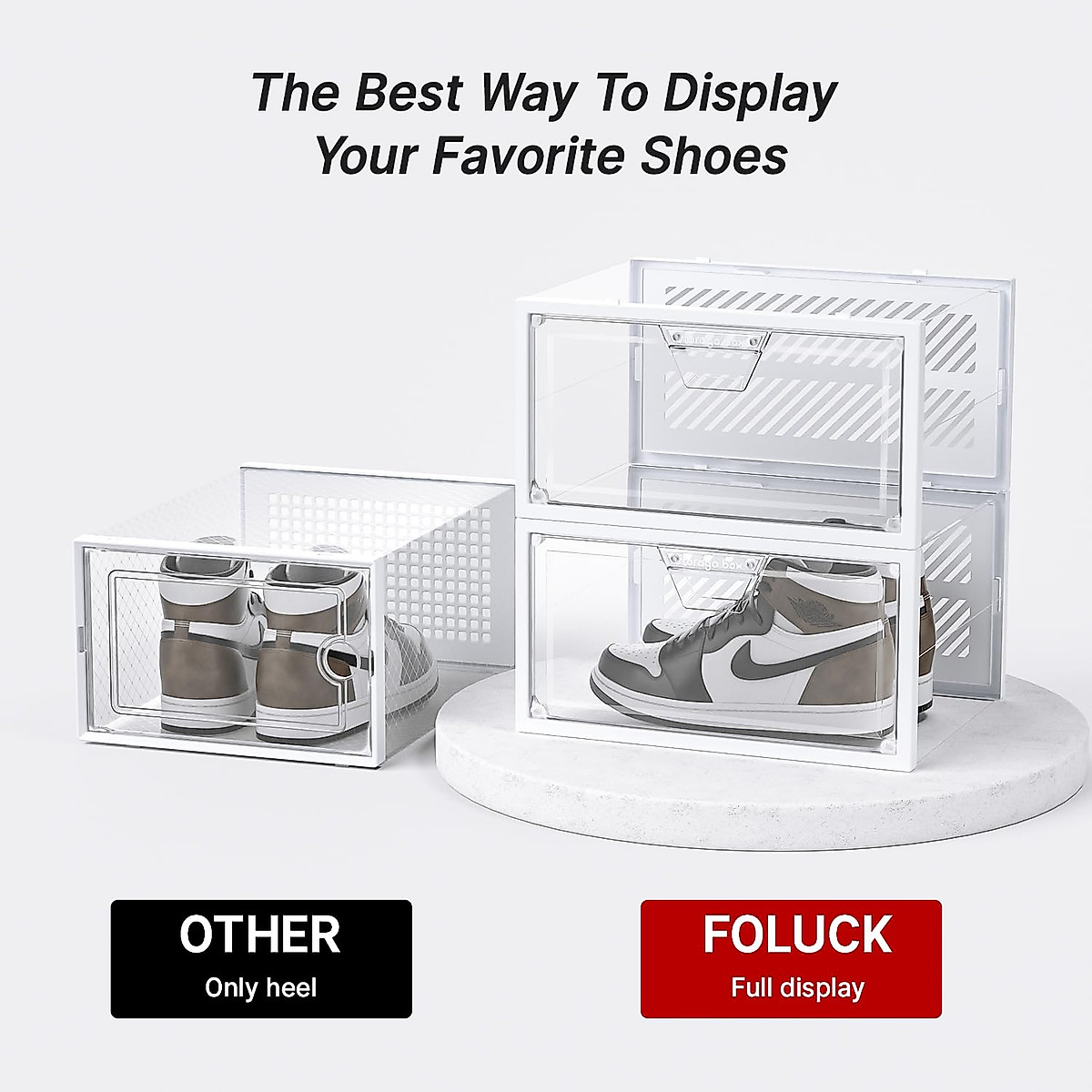 Foluck XX-Large Display Shoe Storage Box, 8 Pack Clear Plastic Stackable Shoe Organizer Containers for Closet, Space Saving Shoe Storage Organizer, Foldable Shoe Rack with Lids, White