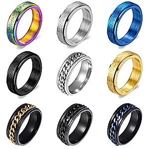 Supra Diamanto 9pcs Spinner Rings for Women Anxiety Relief -Size 7-12 Fidget Rings, Sand Blasted Finished Band Set, Anxiety Ring Spinner Fidget Band Chain Rings for Women Man (A 9, 11)