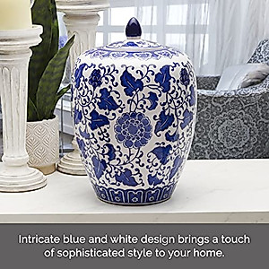 Mikasa 8x8x12 Inch Blue and White Floral Ceramic Canister with Lid