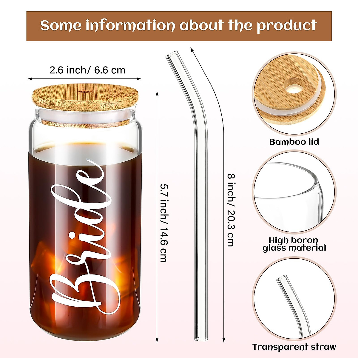 Zubebe 3 Pcs Bride Gifts Set for Bridal Shower Include Glass Cup Canvas Tote Bag Makeup Bag for Honeymoon Gift(Bride)