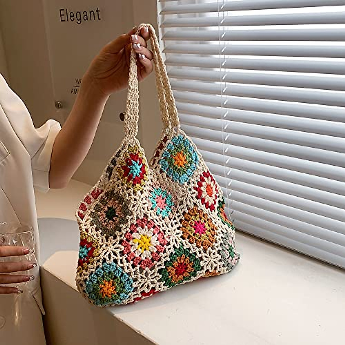 Crochet Tote Bag Aesthetic Boho Knitted Bag Small Floral Crochet Hobo Bag Purse Cute Fairycore Shoulder Bag for Women Fairy Grunge Tote Bag