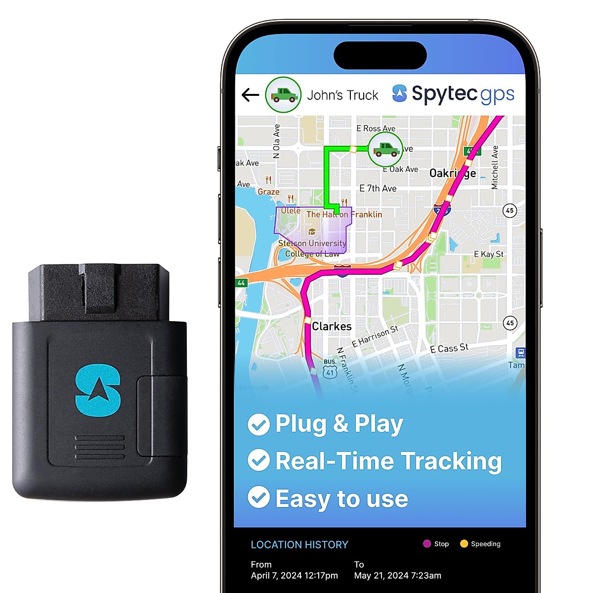 Spytec Anti-Theft Plug-in Car GPS Tracker, Real-Time 5 Second Updates, Ignition On/Off Alerts, Vehicle Movements, Personal & Work Car Monitoring | Unlimited US & Worldwide Tracking App - Low Cost Plan