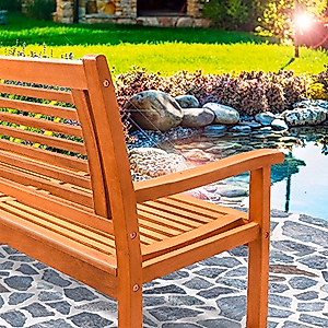 cucunu Outdoor Patio Bench Eucalyptus Wood with Sturdy Armrests and Back for Garden Front Porch 350 Lbs Weight Capacity 2-Seater Outdoor Furniture Park Benches Small Wooden Chair Natural Oiled