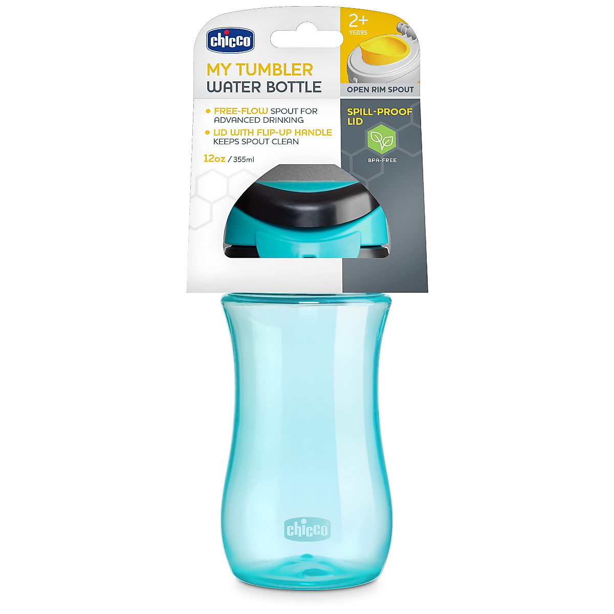 Chicco 12oz. My Tumbler Open Rim Water Bottle with Free-Flow Spout | Spill Proof when Lid is Closed | Flip-Up Carry Handle | Top-Rack Dishwasher Safe | Easy to Hold Toddler Cup | Teal | 2+ Years
