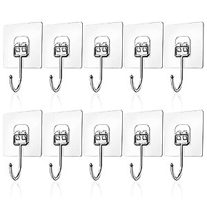 Hooks for Hanging Heavy Duty, Self Adhesive Wall Hooks for Coats, 10 Pack Damage Free Large Adhesive Hooks Transparent