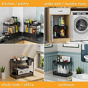 GORLDE 1 Pack Under Sink Organizer,2 Tier Under Bathroom Cabinet Organizer with Hooks Hanging Cup,Multi-Purpose Storage Shelf for Kitchen Bathroom,Black (1)