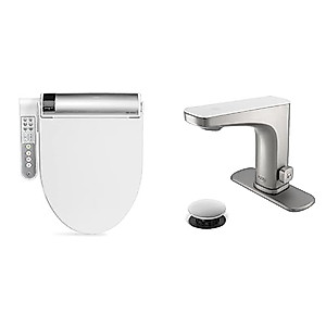 Bathroom Refresh Bundle Includes (1) Bio Bidet Bliss BB-1700 Round White Bidet Toilet Seat with Warm Water and (1) Grove Motion Activated Hands Free Bathroom Faucet in Brushed Nickel Finish