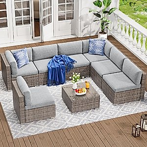 YITAHOME 8 Pieces Outdoor Patio Furniture Set, Sectional Sofa PE Rattan Wicker Conversation Set Outside Couch w/Table and Cushions for Porch Lawn Garden Backyard,Gray