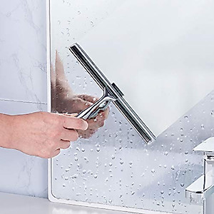 Shower Squeegee for Glass Doors 10 Inches Stainless Steel Squeege for Window and Car, 4 Suctions Shower Mirror