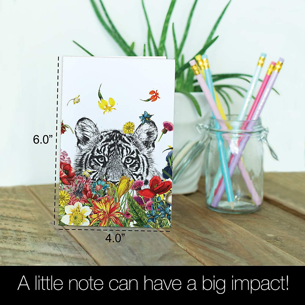 Tree-Free Greetings 12 Pack All Occasion Notecards,Eco Friendly,Made in USA,100% Recycled Paper, 4"x6", White Tiger Flowers (FS56930)