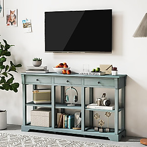 KOTEK 58'' Console Table with Storage, Retro Entryway Table with 3 Drawers and Open Shelves, Solid Wood Legs, Long Sofa Table, Hallway Table for Entryway, Living Room