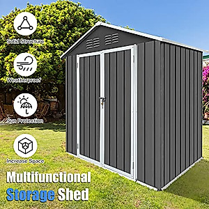 YOFE Outdoor Storage Sheds,6x4FT Outdoor Metal Storage Shed with Base Frame,Storage House with Air Vent,Lockable Door and Sloped Roof for Backyard Garden, Patio, Lawn (6x4, Grey)