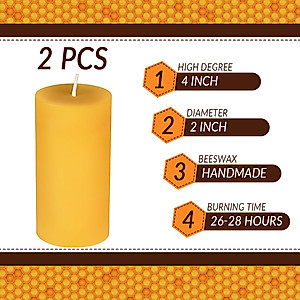Natural Beeswax Pillar Candle, Smokeless Dripless Pure Beeswax Candle Set with Natural Scent for Room Decoration Prayer Party, Long Lasting Burn Time,1.89x3.86 inch (2 Pack),Brown Raw