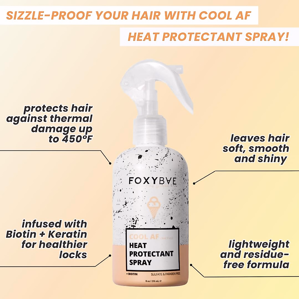 FoxyBae Heat Protectant Spray - Thermal Hair Styling Mist for Curling Iron & Blow Dryer - Prevents Frizz, Damage & Breakage, 8oz