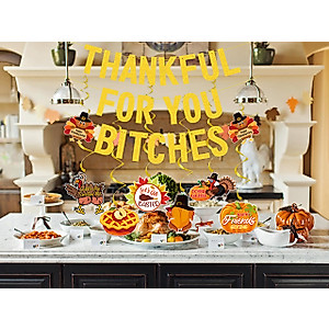 TF Girly Friendsgiving Party Decorations with Hanging Swirls, Gold Glitter Friendsgiving Decorations for Girl Home Office, Friendsgiving Banner, Thanksgiving Decorations for Mantel Fire Place Party