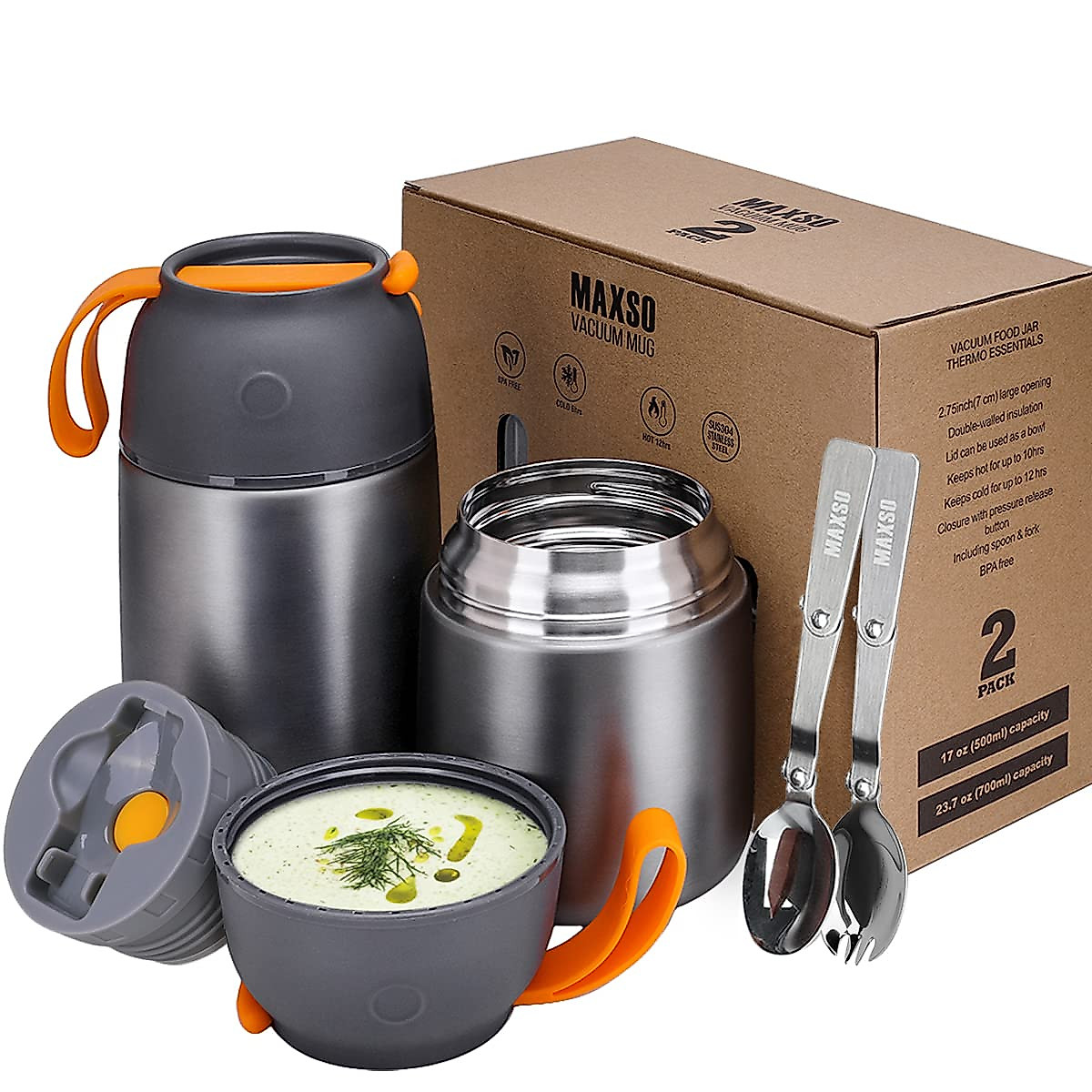 MAXSO 2 Pack Vacuum Insulated Food Jar Hot Food Containers for Lunch School Soup Thermos For Kids,Travel Food Flask Hot Cold (24oz,17oz) (Grey)